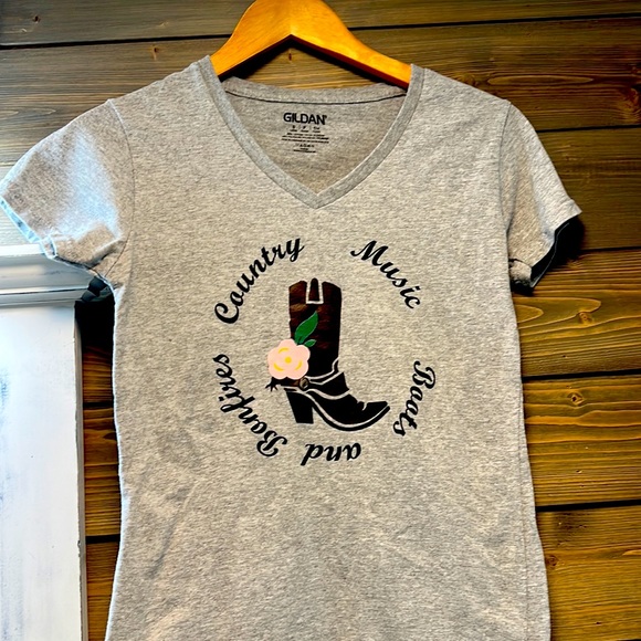 Gildan | Tops | Country Music Boots Bonfires Grey V Neck Tshirt | Poshmark